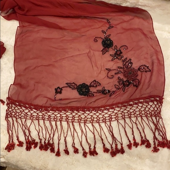 Sue Wong | Accessories | Silk Maroon Scarf With Beautiful Bead Detail ...
